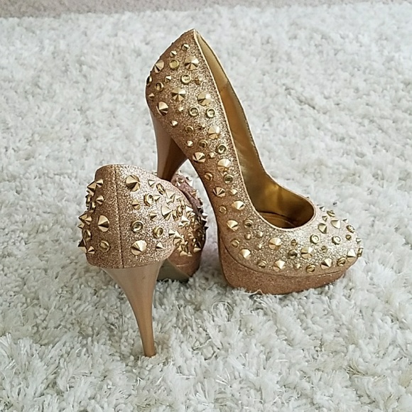 goldfish | Shoes | Nwot Gold Glitter Studded Heels | Poshmark