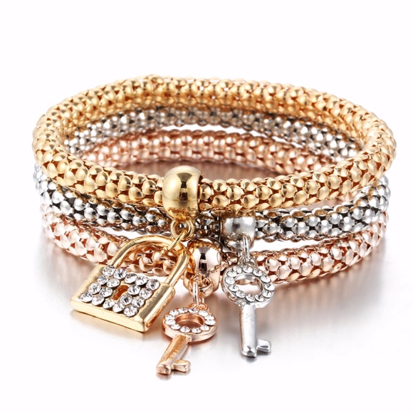 Jewelry | 3 Pcs Lock Keys Crystal Multi Toned Bracelet Set | Poshmark