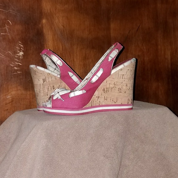 Coach | Shoes | Coach Signature Plaid Sandals Pink Bow Wedge Heels ...