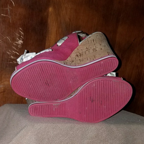 Coach | Shoes | Coach Signature Plaid Sandals Pink Bow Wedge Heels ...