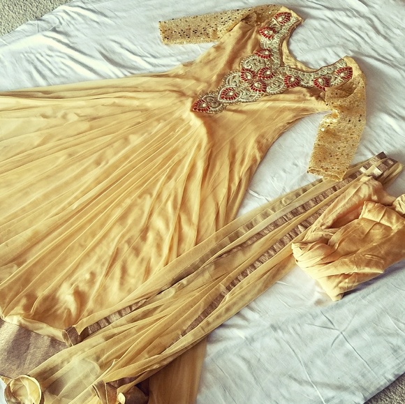 Dresses | Golden Anarkali Gown Indian Pakistani Dress | Poshmark