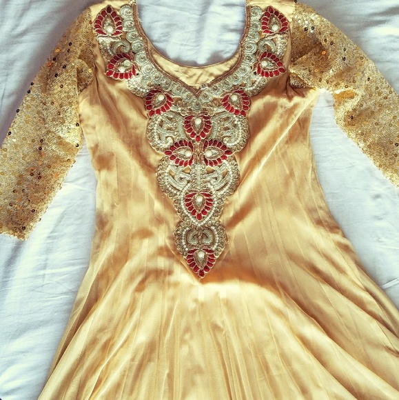 Dresses | Golden Anarkali Gown Indian Pakistani Dress | Poshmark