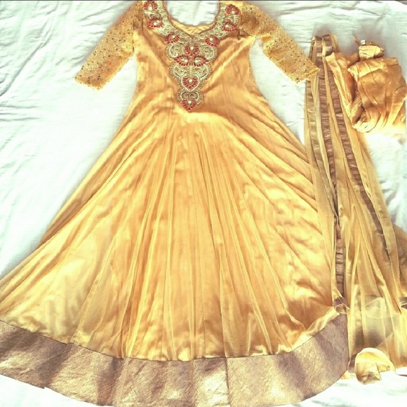 Dresses | Golden Anarkali Gown Indian Pakistani Dress | Poshmark