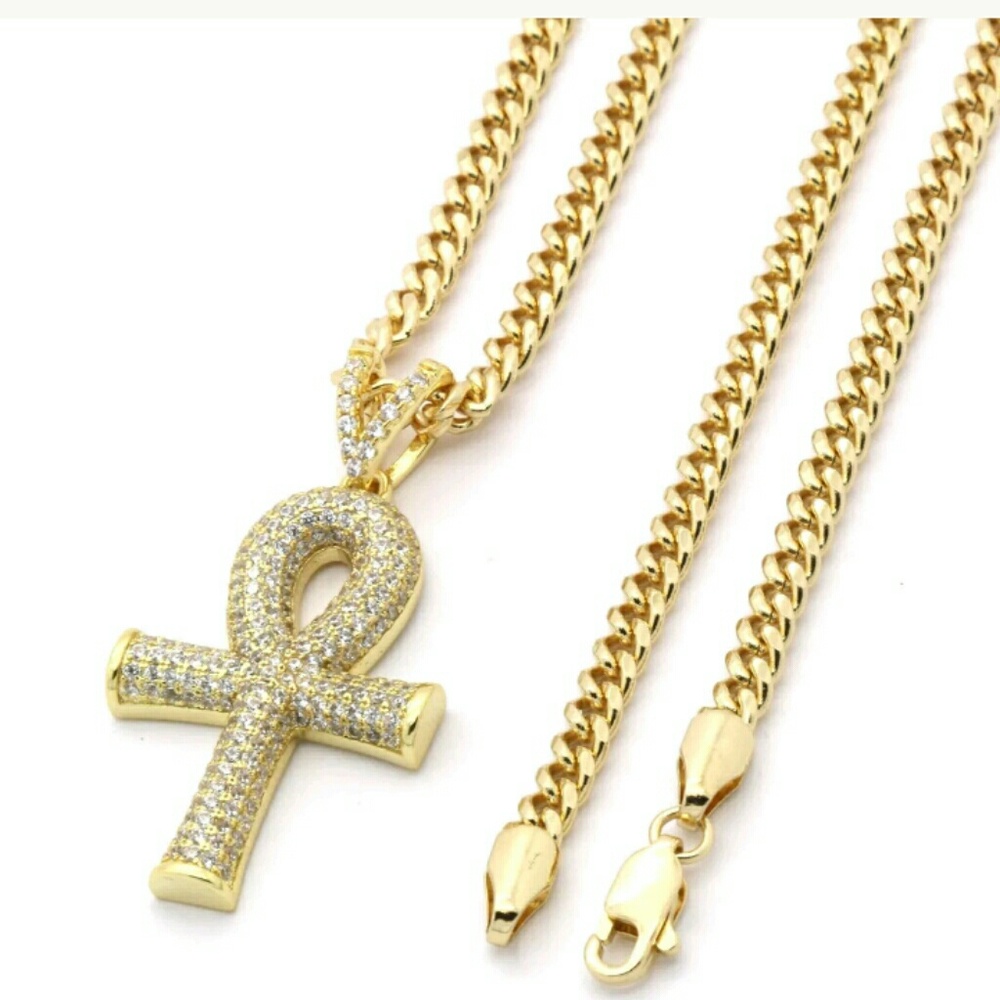 14k Gold Plated Iced Out Ankh Chain - Gem