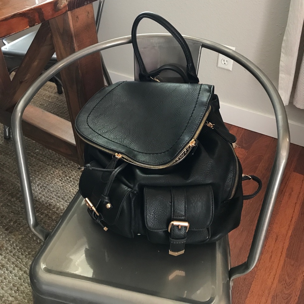 Black Faux Leather Backpack - Gem