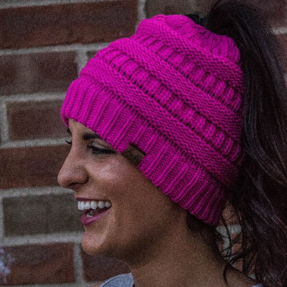 Kyoot Klothing | Accessories | Hot Pink Ponytail Beanie | Poshmark