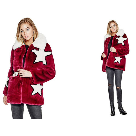 Guess | Jackets & Coats | Guess Faux Fur Star Jacket Red Celebrity Coat ...