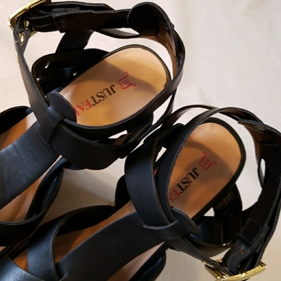 JustFab | Shoes | Gladiator Chunky Cork Platform Wedges Gold Buckle ...