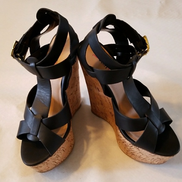 JustFab | Shoes | Gladiator Chunky Cork Platform Wedges Gold Buckle ...