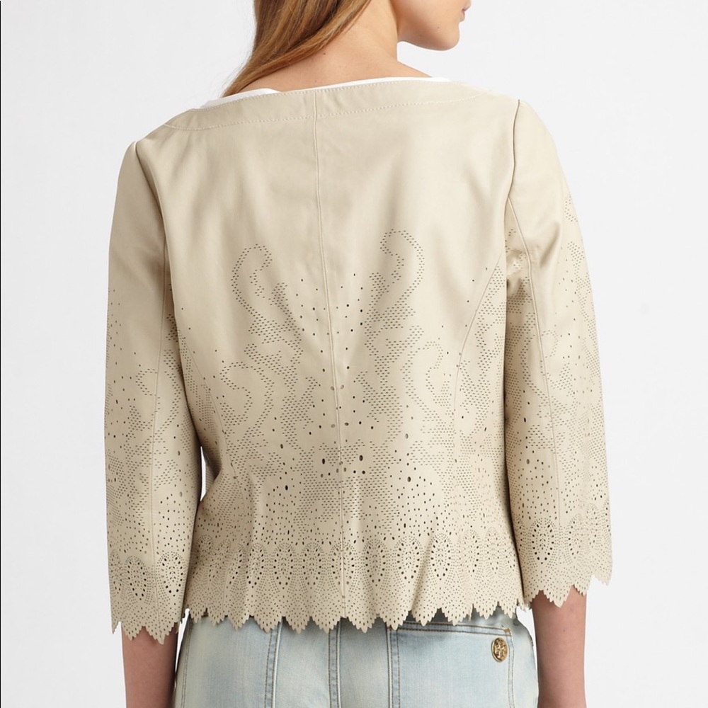 Tory Burch "Pearson" Laser Cut Leather Jacket - Gem