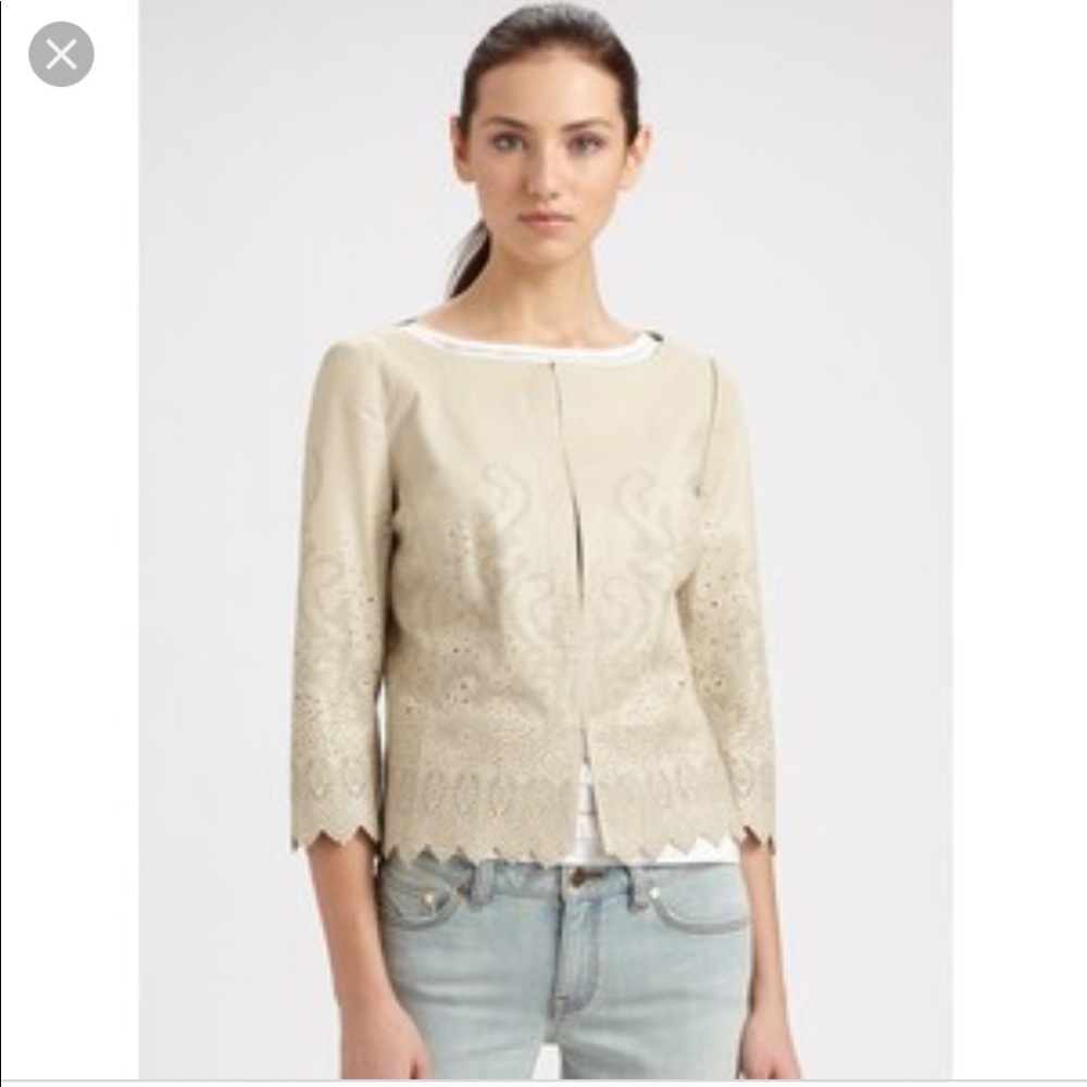 Tory Burch "Pearson" Laser Cut Leather Jacket - Gem