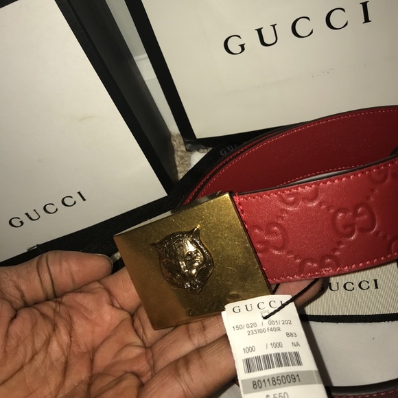 Gucci | Accessories | Gold Buckle Tiger Face Red Gucci Belt | Poshmark