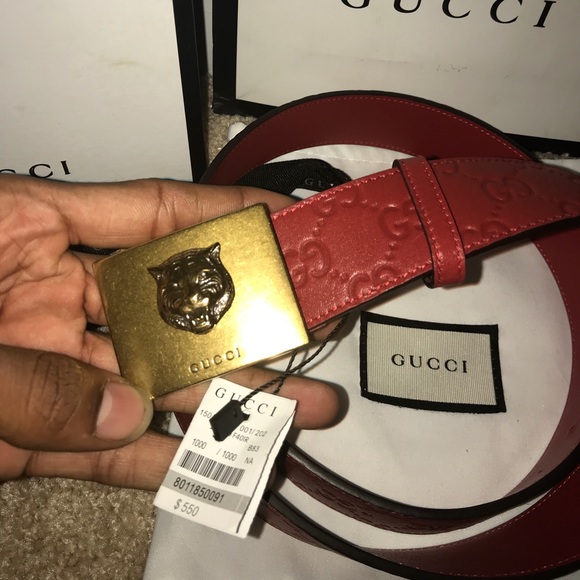 Gucci | Accessories | Gold Buckle Tiger Face Red Gucci Belt | Poshmark