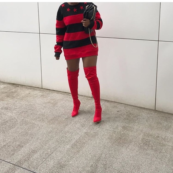 Shoes | Red Stretch Thigh High Boots | Poshmark