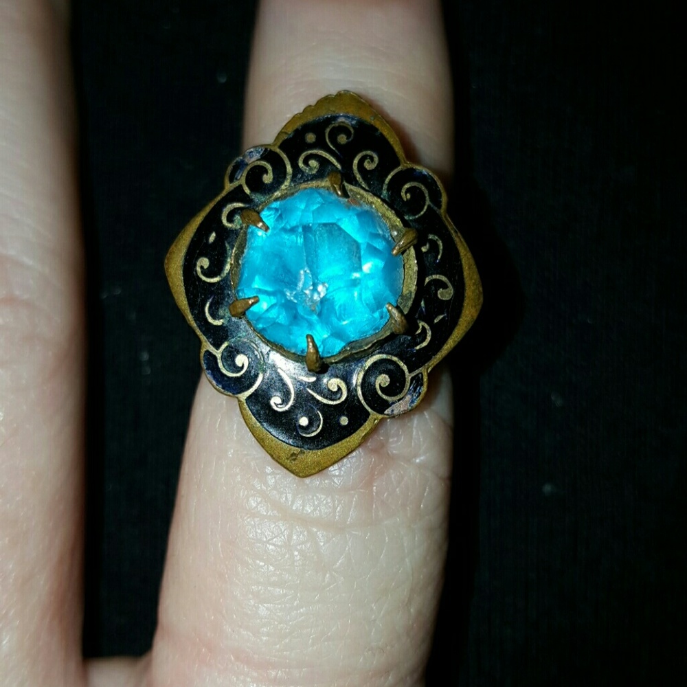Antique Brass Glass Enamel Ring 1800's - Gem