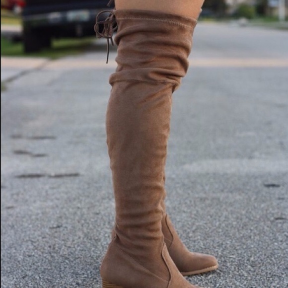 Shoes | Host Pick Taupe Thigh High Faux Suede Boots | Poshmark
