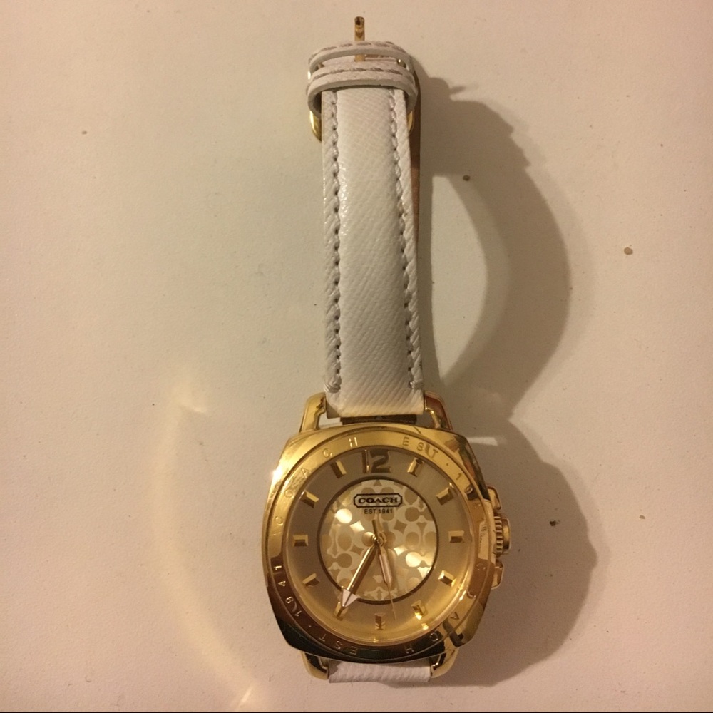 Coach Gold Boyfriend Watch W/ White Leather Strap - Gem