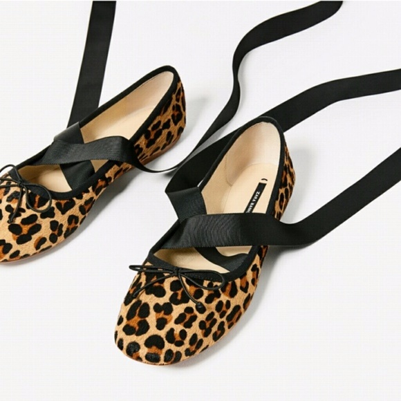Zara | Shoes | Zara Laceup Leather Ballet Flats Leopard Animal 6 | Poshmark