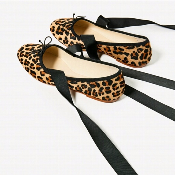 Zara | Shoes | Zara Laceup Leather Ballet Flats Leopard Animal 6 | Poshmark
