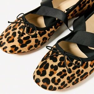 Zara | Shoes | Zara Laceup Leather Ballet Flats Leopard Animal 6 | Poshmark