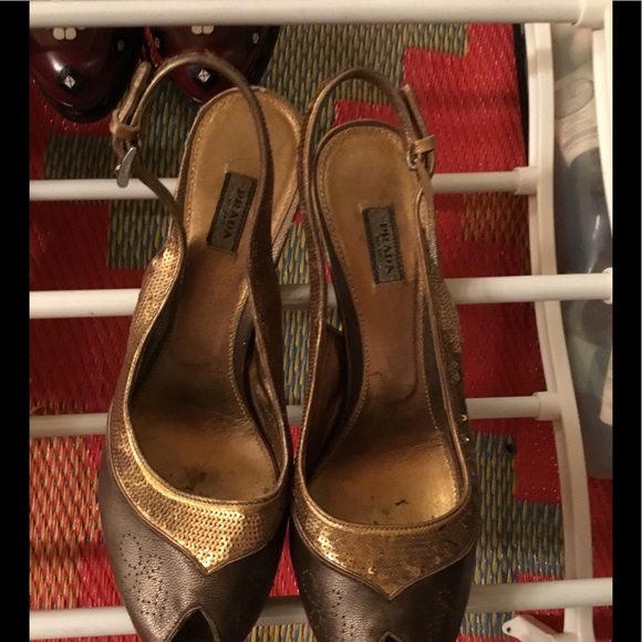 Prada | Shoes | Prada Golden Metallic Peeptoe Classic Heels | Poshmark