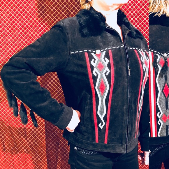 Jackets & Coats | Southwestern Red Black Tribal Suede Fur Jacket | Poshmark