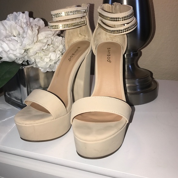 BAMBOO | Shoes | Tan Block Heel With Two Chain Detail Around Ankle ...