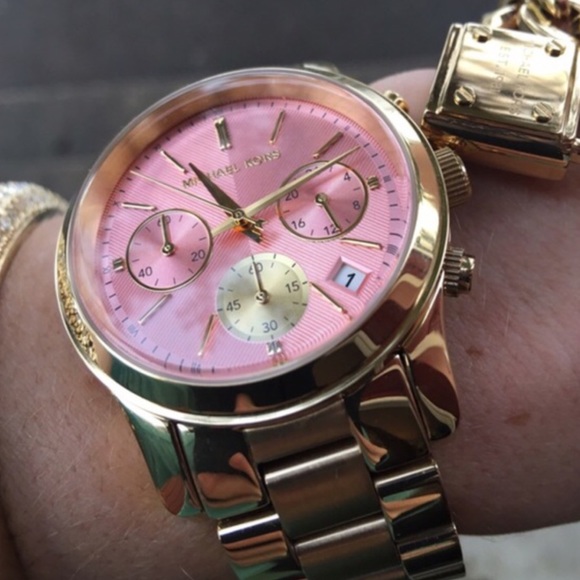 Michael Kors | Accessories | Michael Kors Gold Pink Runway Chronograph ...