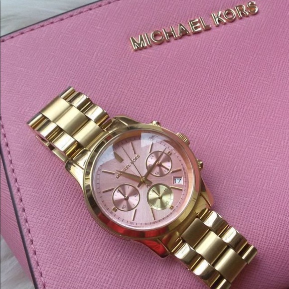 Michael Kors | Accessories | Michael Kors Gold Pink Runway Chronograph ...