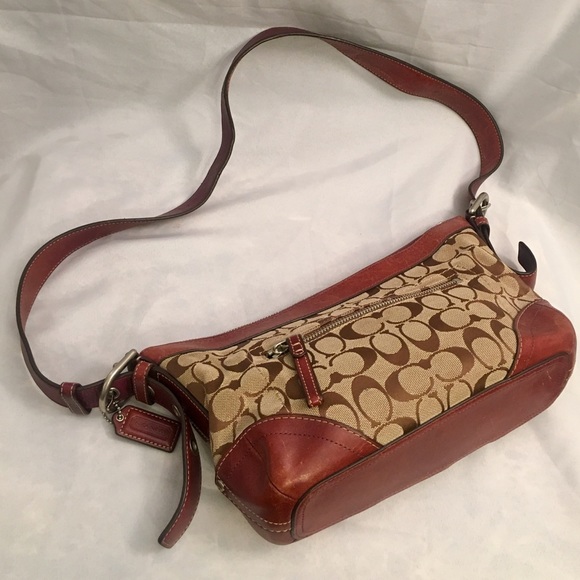 Coach | Bags | Coach Brown Jacquard W Burgundy Trim F2328 | Poshmark