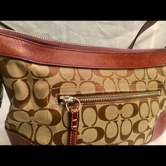 Coach | Bags | Coach Brown Jacquard W Burgundy Trim F2328 | Poshmark