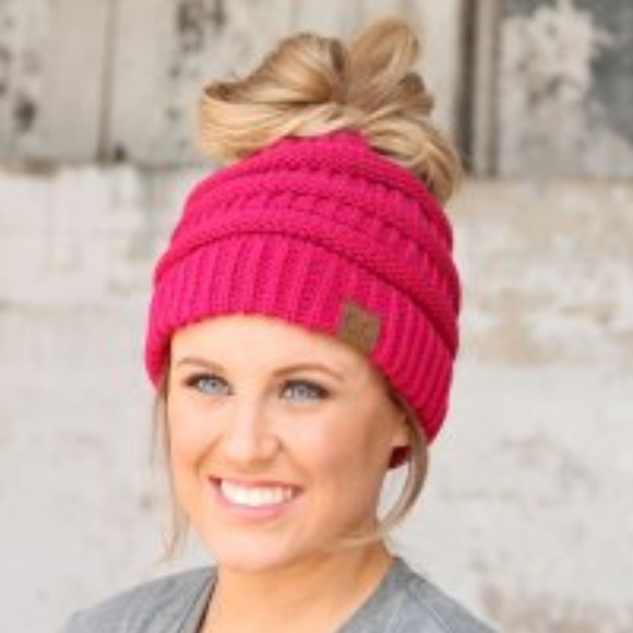 CC Boutique | Accessories | Cc Hot Candy Pink Messy Bun Beanie | Poshmark