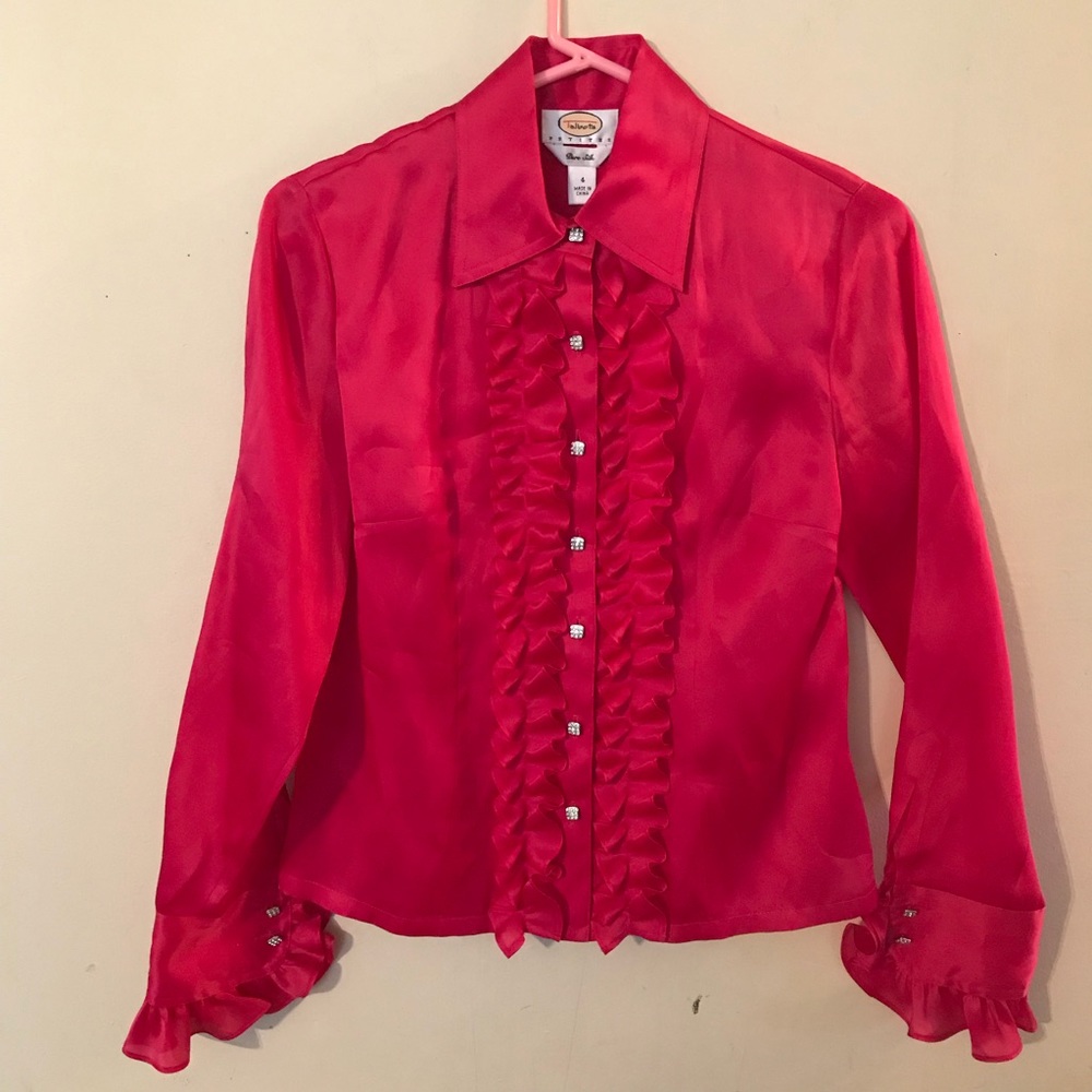 Talbots Pure Silk Button Front Ruffle Blouse - Gem
