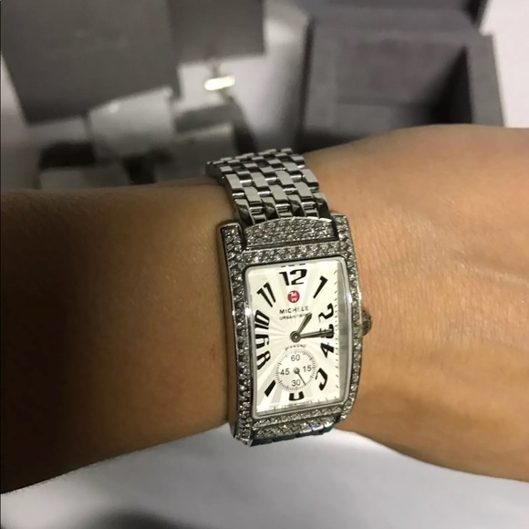 Michele | Accessories | Michele Rectangular Diamond Faced Steel Watch ...