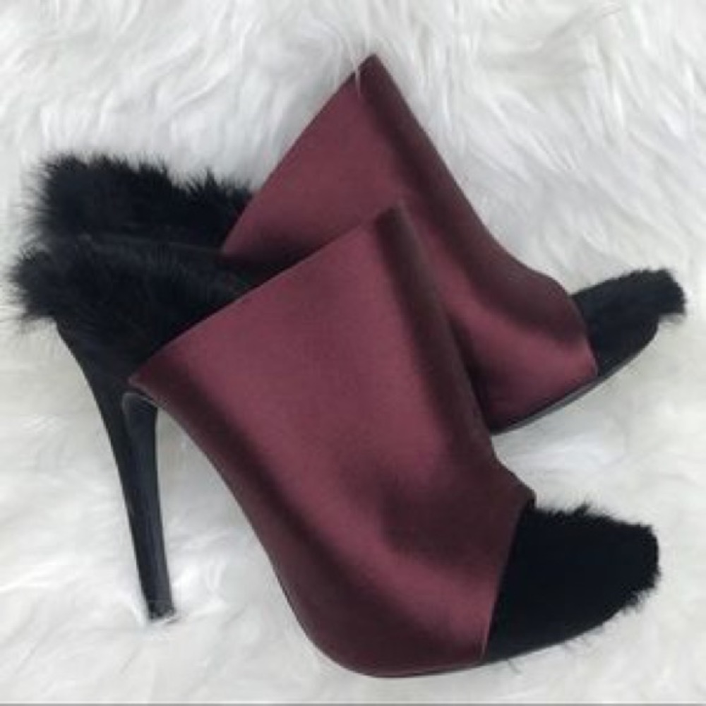 Celine Wine Rabbit Fur Lined Mules - Gem