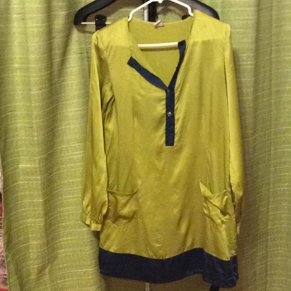 Tops | Vintage Blue And Green Satin Tunic | Poshmark