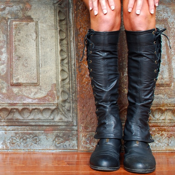 Kymberly Jo | Shoes | Nwot Knee High Lace Up Black Leather Chapsboots ...
