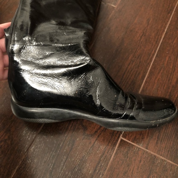 Prada | Shoes | Prada Black Patent Leather Below The Knee Boot | Poshmark